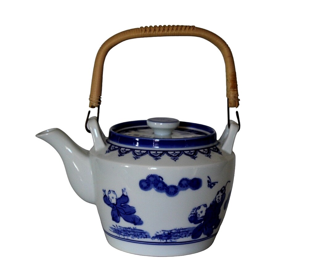 Hirado Ware Japanese Teapot Blue and White Pine Trees Little Boys ...