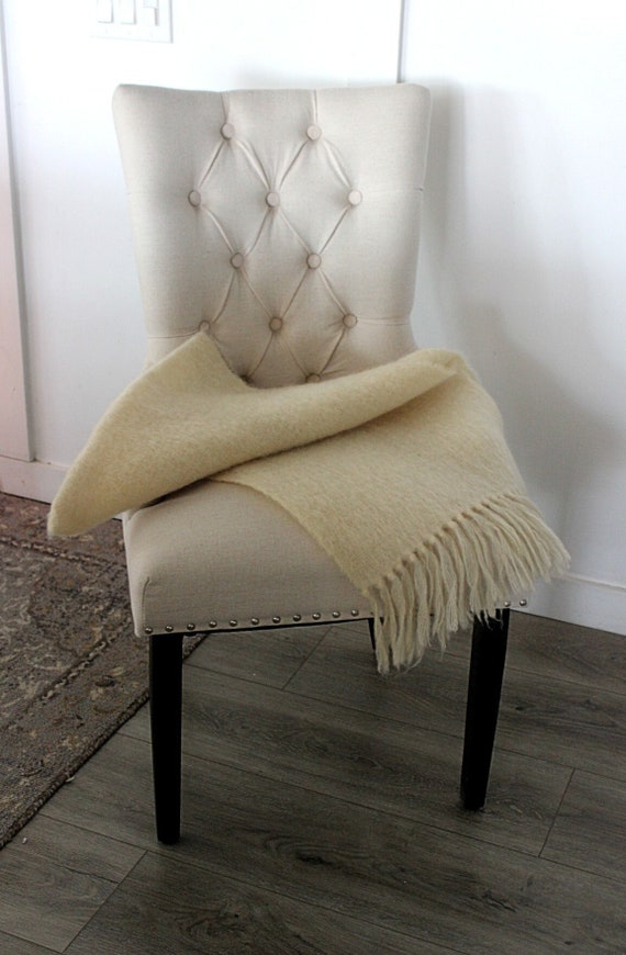 Vintage Mohair Cream Fringe Stole Scarf Shawl Wrap - Gem