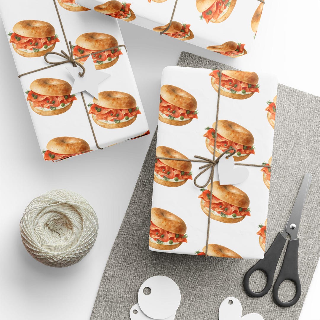 Bagel Lox and Cream Cheese Wrapping Paper, Deli Sandwich Gift Wrap ...