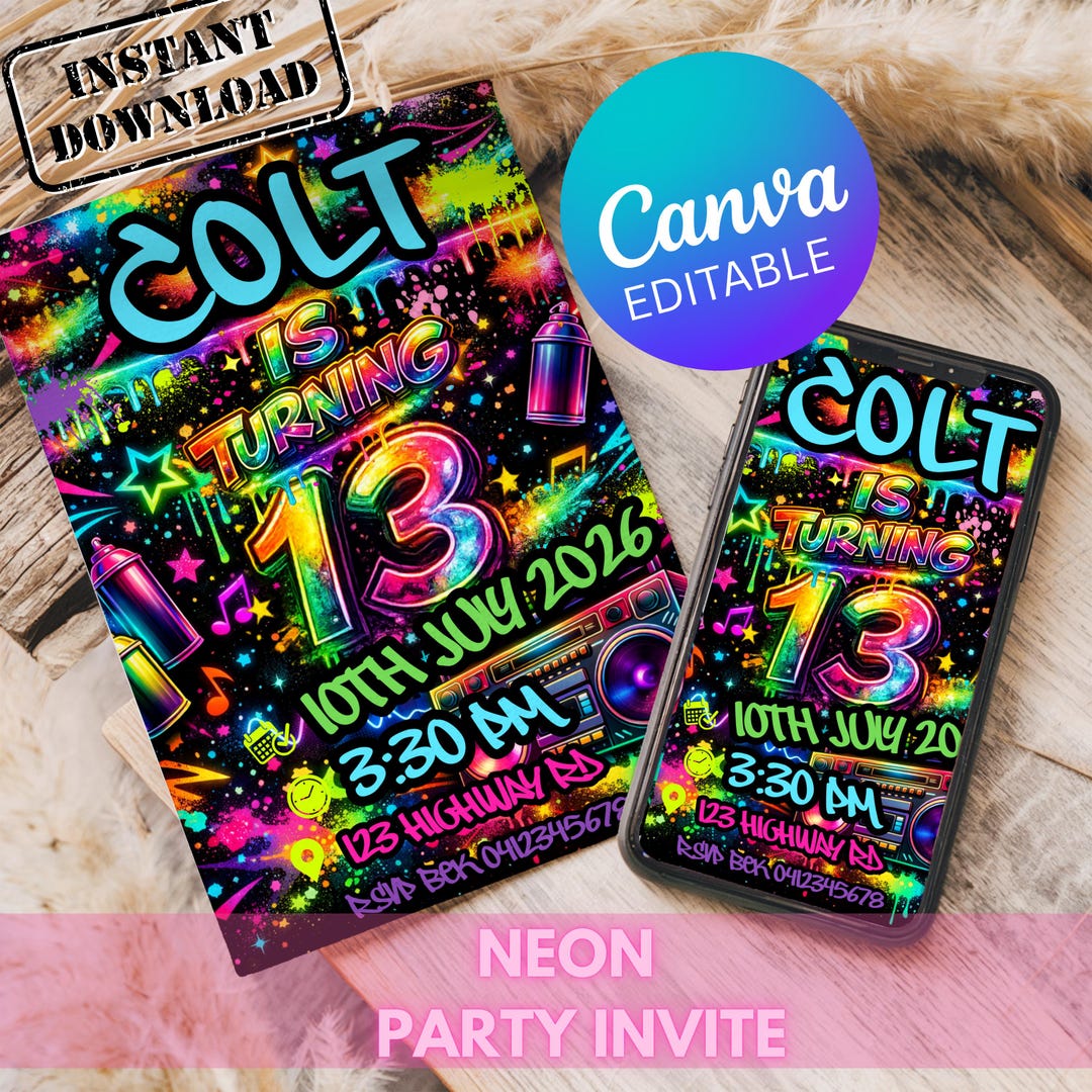 Neon Graffiti Birthday Invitation | Editable Spray Paint Party (digital ...