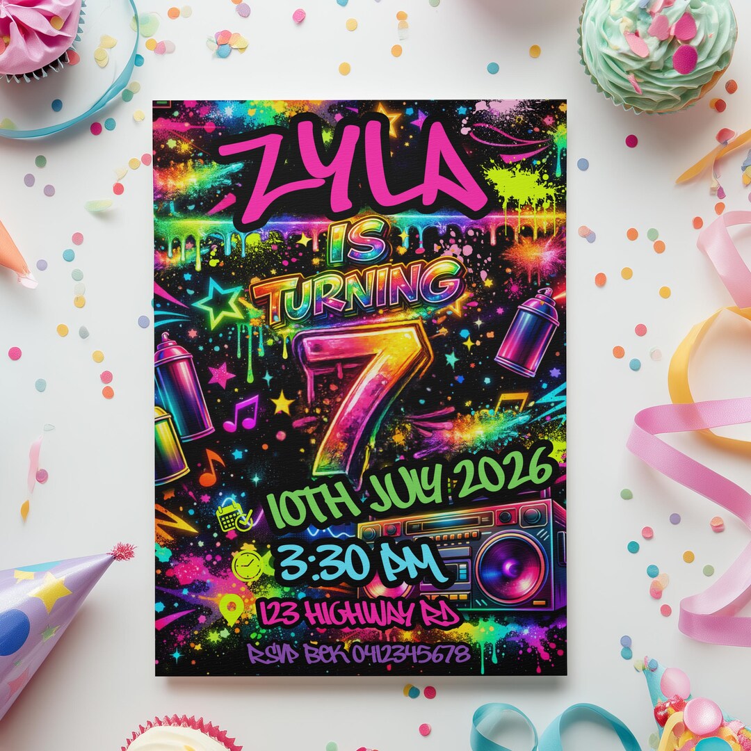 Neon Graffiti Birthday Invitation | Editable, Any Age (digital Download ...