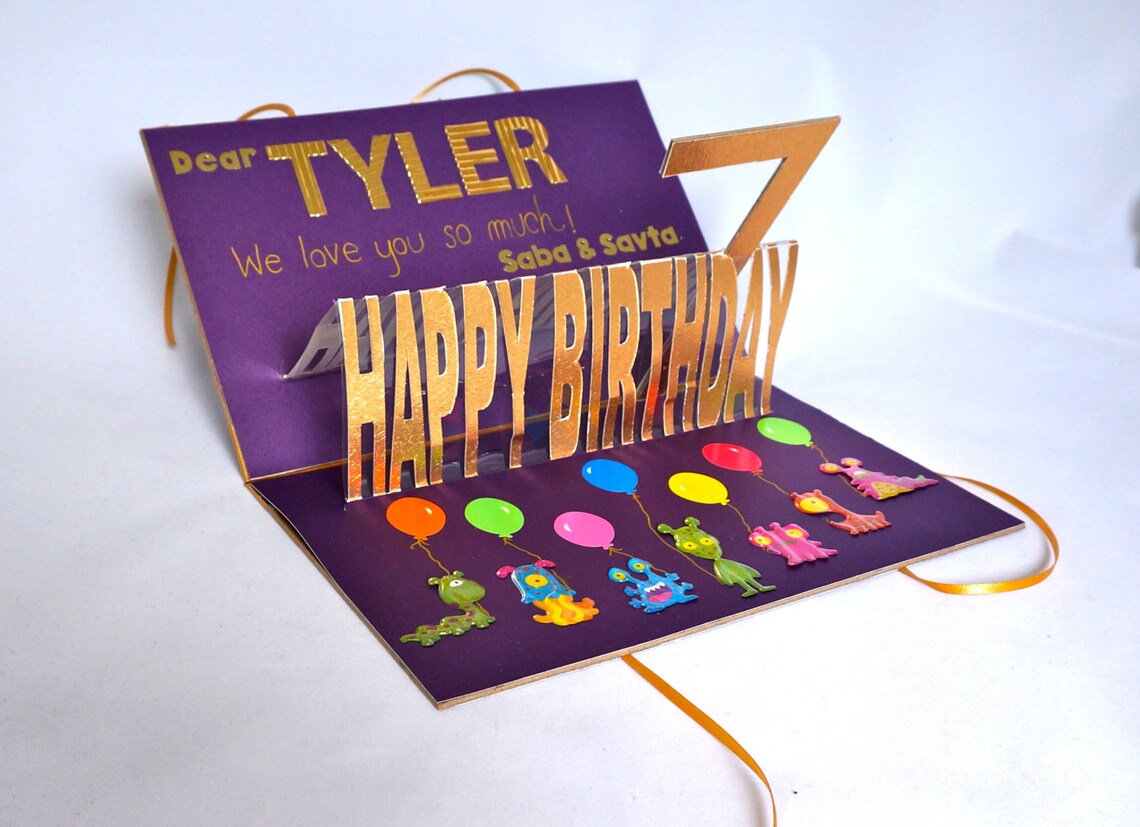 HAPPY 7th BIRTHDAY Card W/pop up 3D Letters & 7 Opens Flat ORIGINAL ...