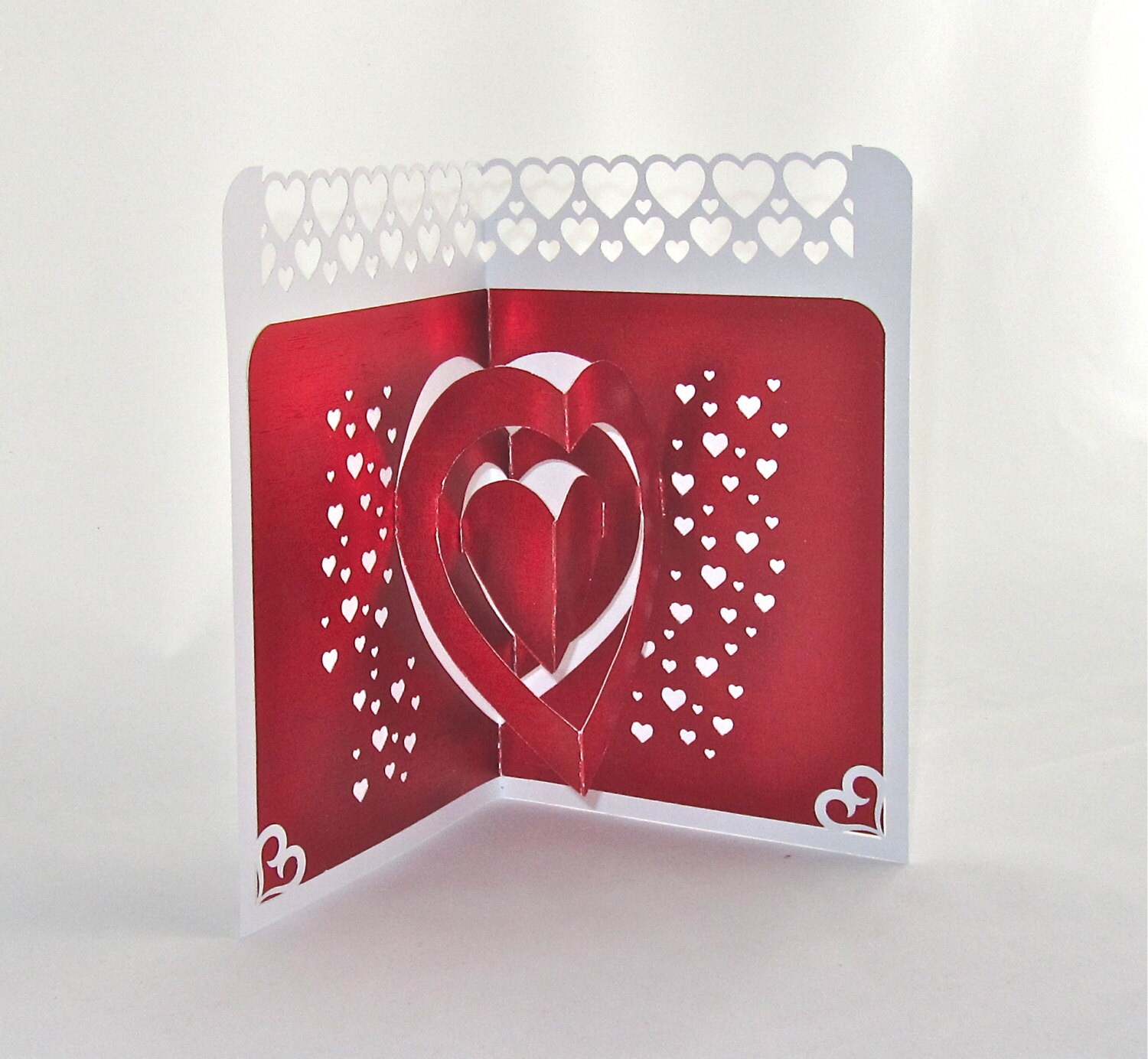 VALENTINE'S 3D Pop up Card W/3 HEARTS Pierced W/many Tiny Hearts ...