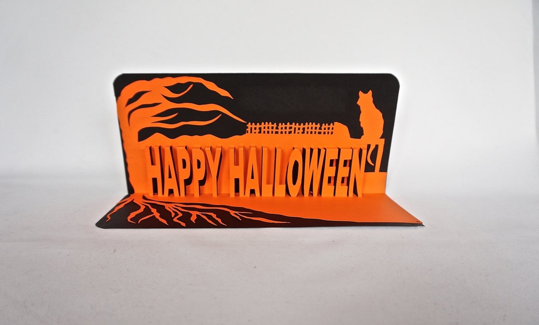 HAPPY HALLOWEEN 3D Pop-up Card in Orange & Black W/cat on a Fence and a ...