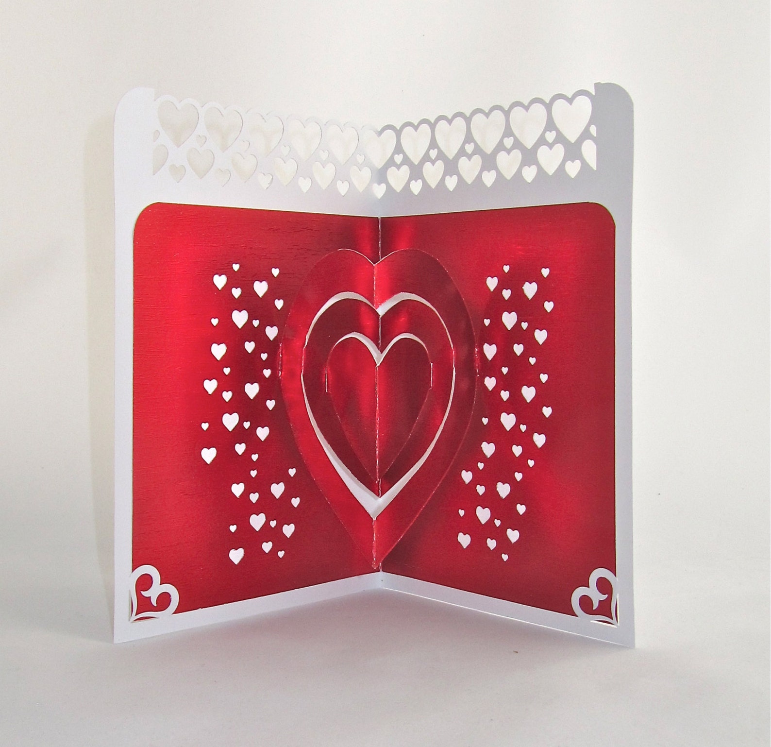 VALENTINE'S 3D Pop up Card W/3 HEARTS Pierced W/many Tiny Hearts ...