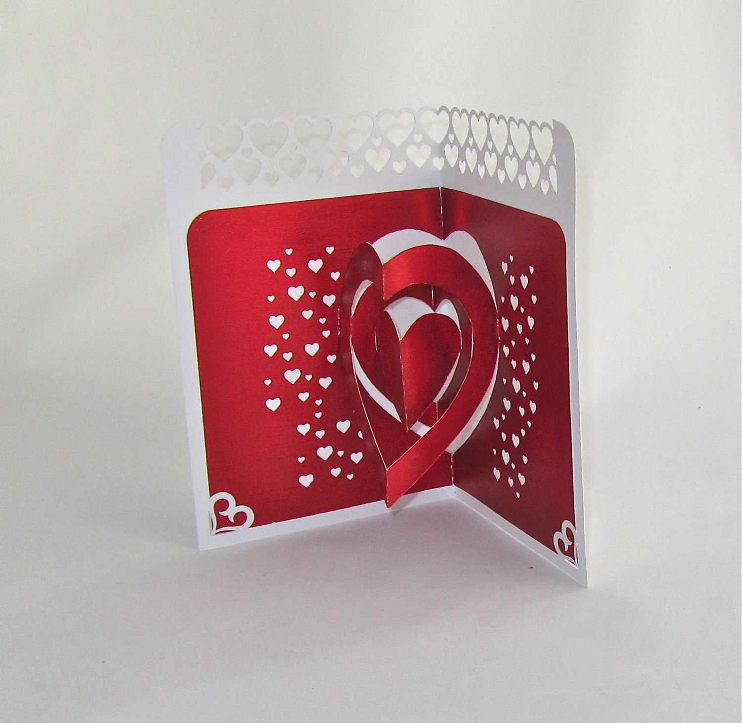VALENTINE'S 3D Pop up Card W/3 HEARTS Pierced W/many Tiny Hearts ...