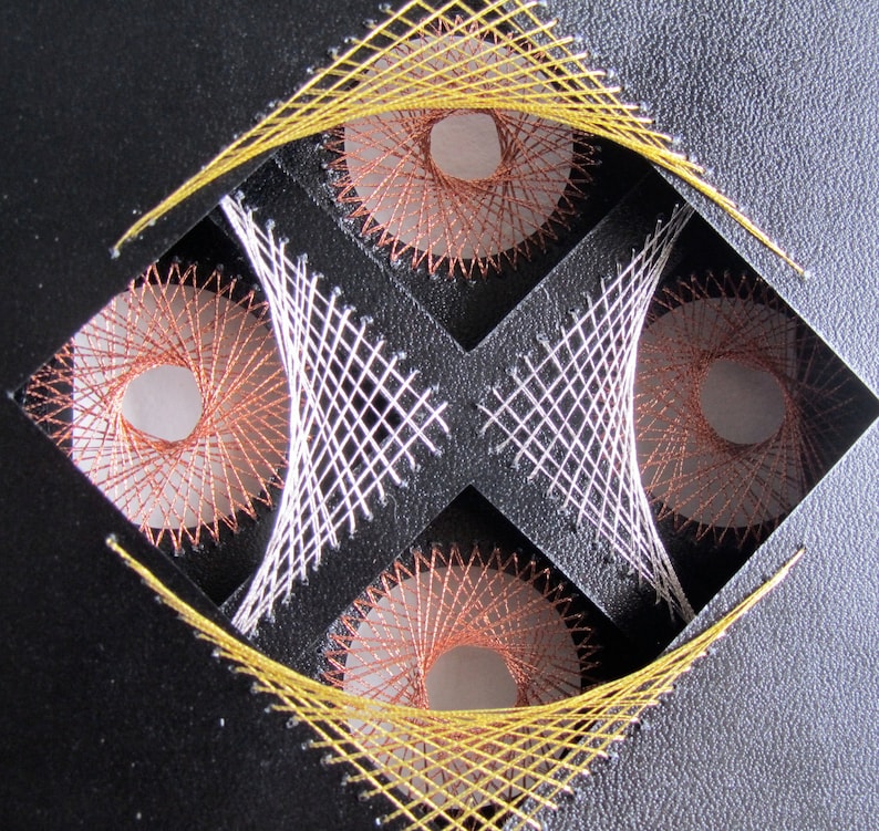 STRING ART ORIGINAL Geometric Design, 3 Layers Stitched on Cardstock W ...