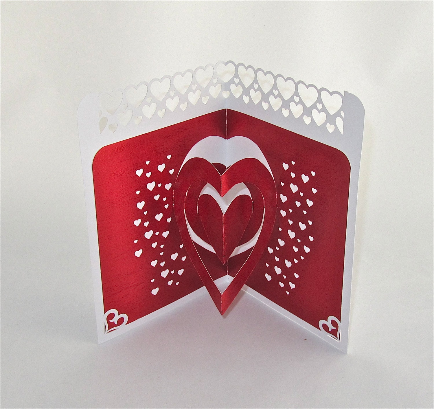 VALENTINE'S 3D Pop up Card W/3 HEARTS Pierced W/many Tiny Hearts ...