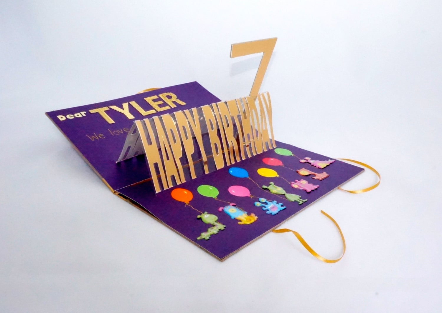 Handmade 7th Birthday Pop up Card, Gold Purple Rainbow, Custom ...