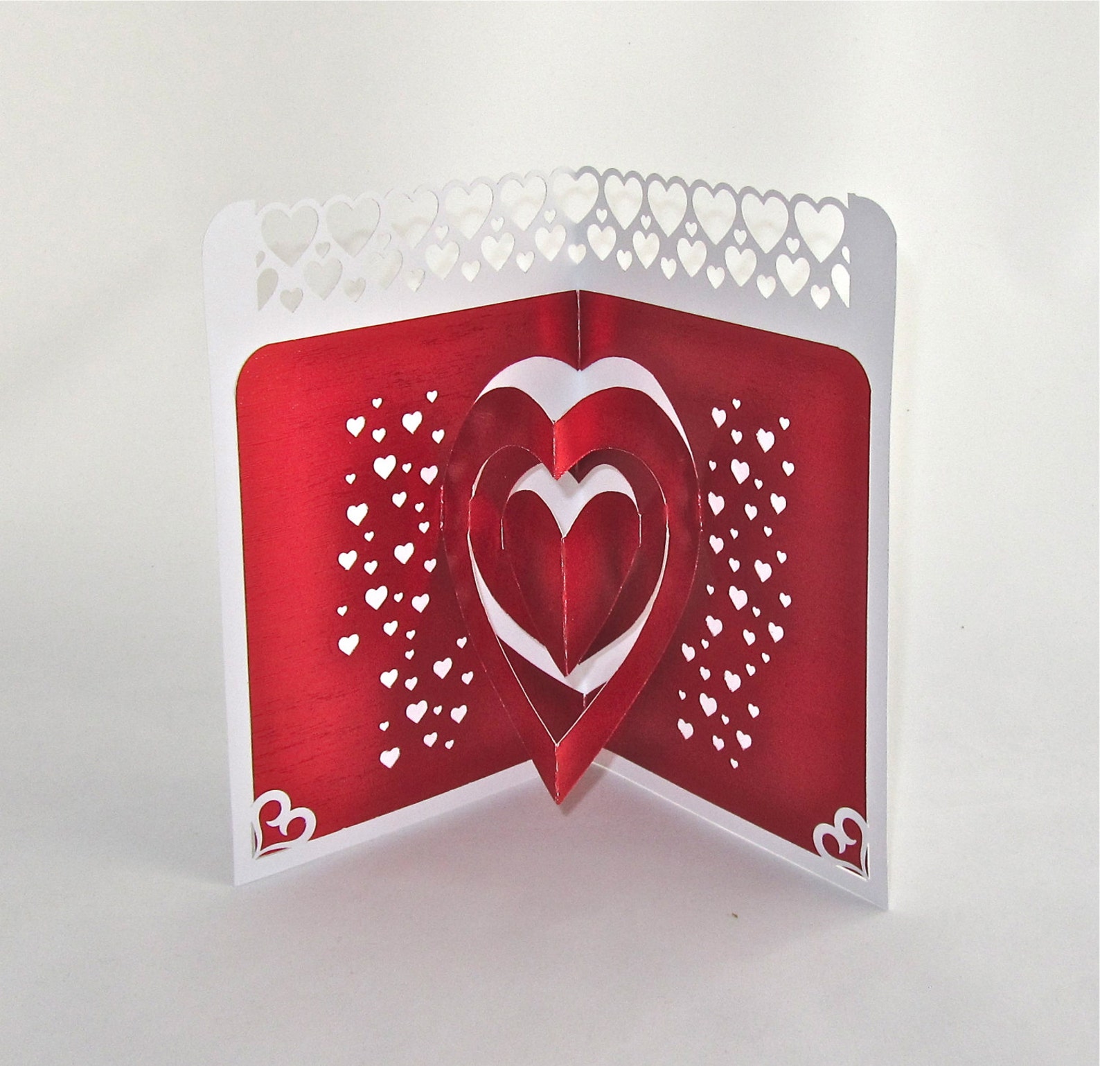 VALENTINE'S 3D Pop up Card W/3 HEARTS Pierced W/many Tiny Hearts ...
