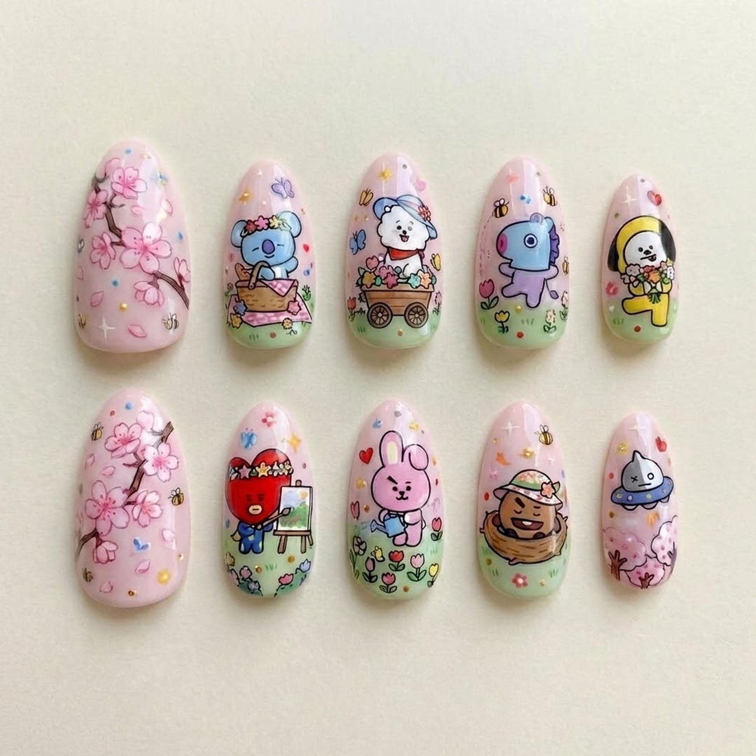BT21 Spring Picnic Press on Nails | 3D Cherry Blossom Handmade Gel ...