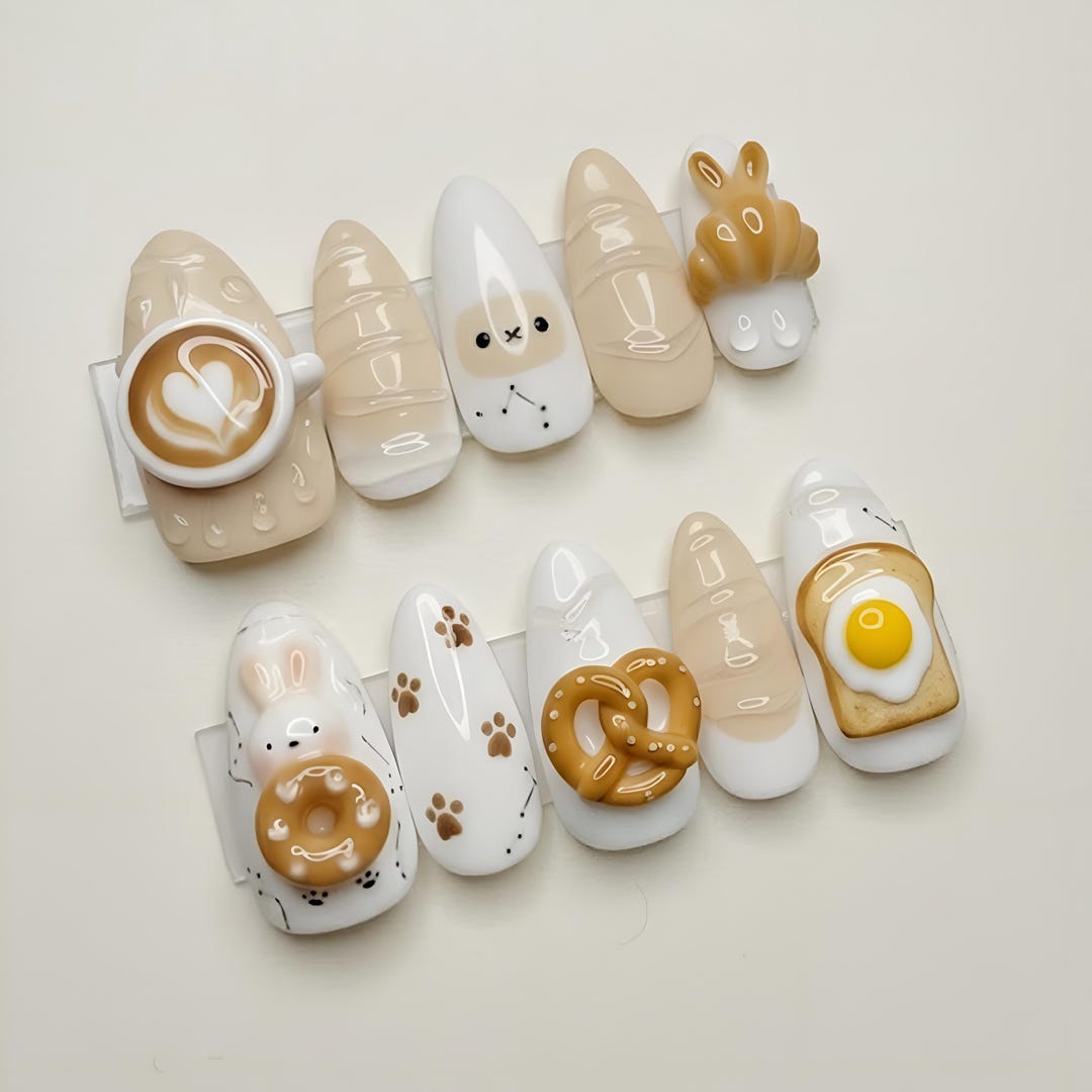 Cute Cafe and Bakery Press on Nails | 3D Breakfast Toast and Egg Nails ...