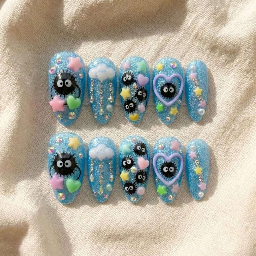 Soot Sprite Press on Nails | 3D Stars, Clouds, Blue Glitter - Etsy