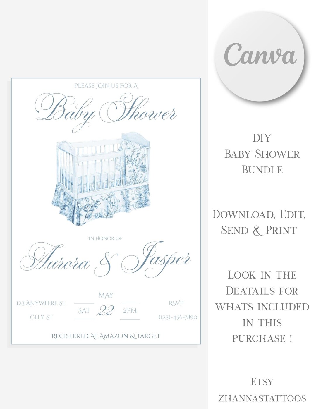 Blue Toile Baby Shower Bundle Template (canva Editable, Digital ...
