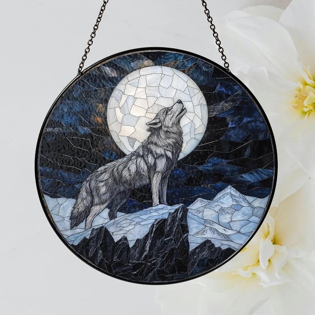Howling Wolf Decoration Stained Glass Suncatcher, New Home Housewarming ...