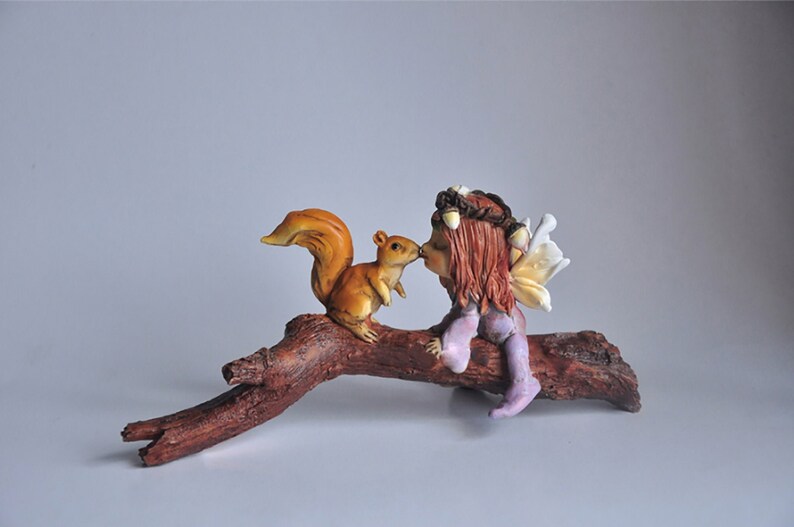 Little Fairy Kissing Squirrel on Branch Figurine Fairy Garden - Etsy