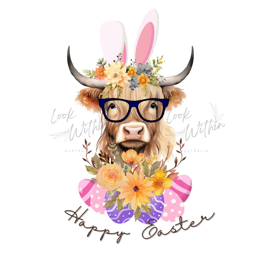 Easter Highland Cow PNG • Cute Cow With Bunny Ears • Floral Highland ...