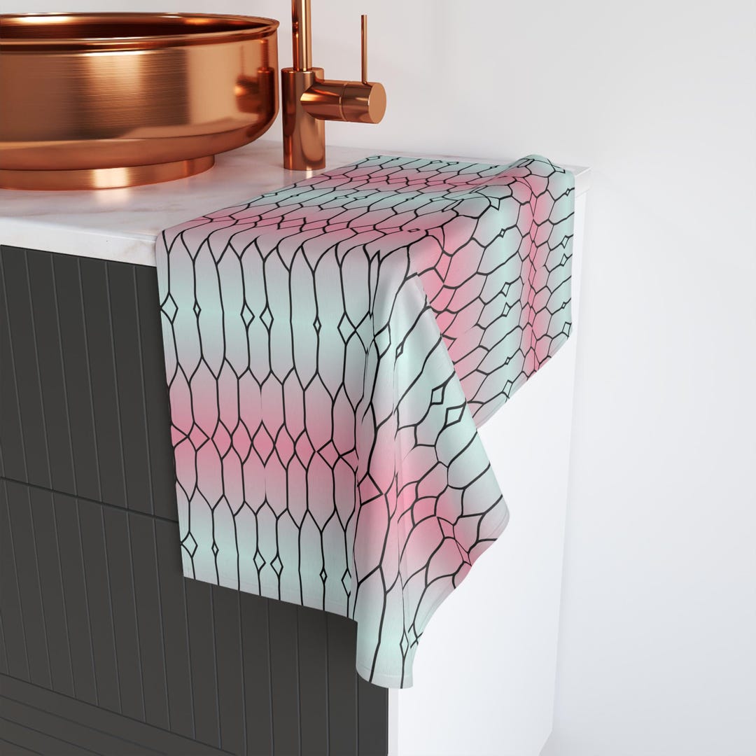 Pink Blue Geometric Pattern Hand Towel | Modern Striped Mosaic Kimetsu ...