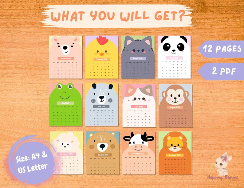 Kids Printable Calendar 2026 • Cute Animal Monthly Calendar ...