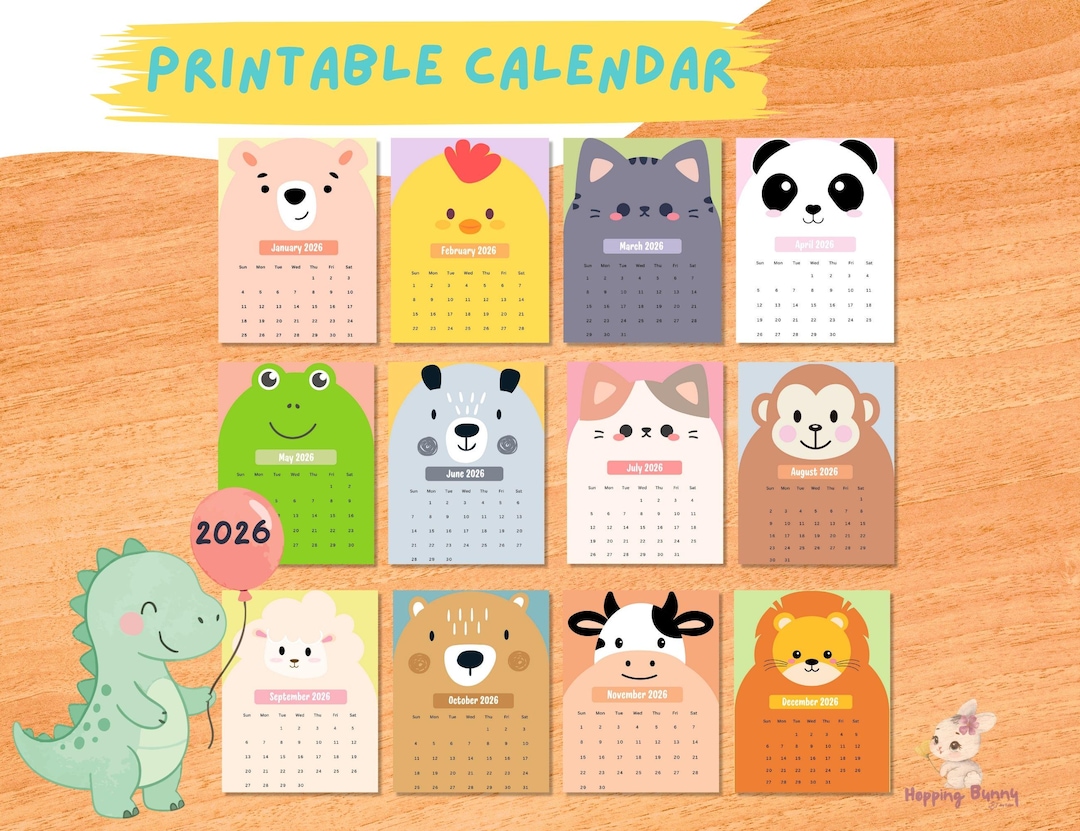Kids Printable Calendar 2026 • Cute Animal Monthly Calendar ...