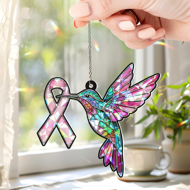 Hummingbird Breast Cancer Awareness Custom Shape Broken Glass Hologram ...