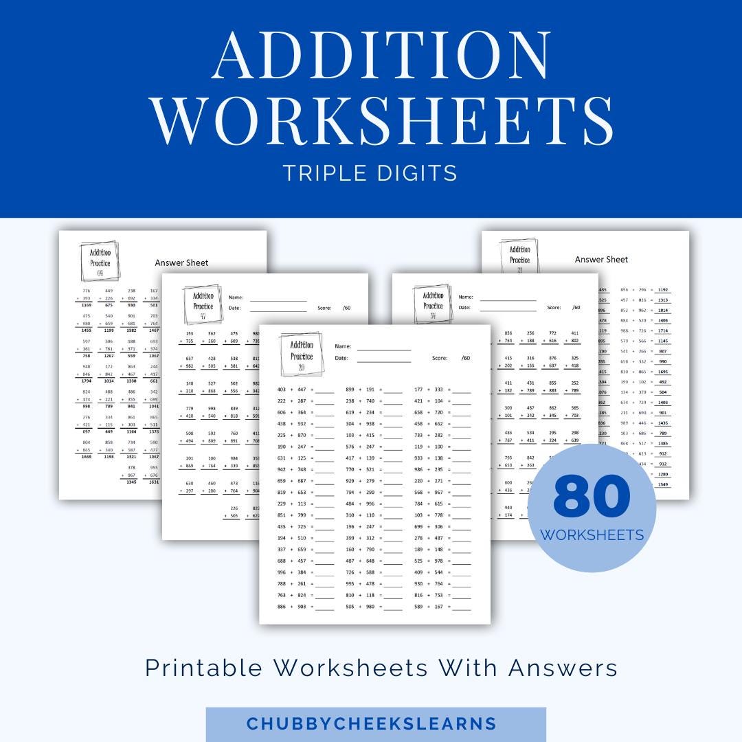 Addition Worksheets: 3 Digits | Printable Math Practice Bundle | 2nd ...