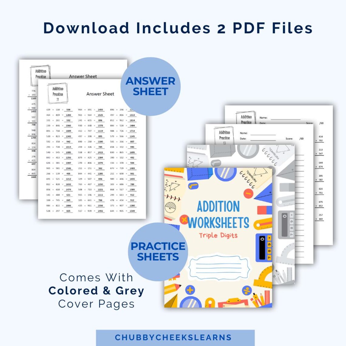 Addition Worksheets: 3 Digits | Printable Math Practice Bundle | 2nd ...