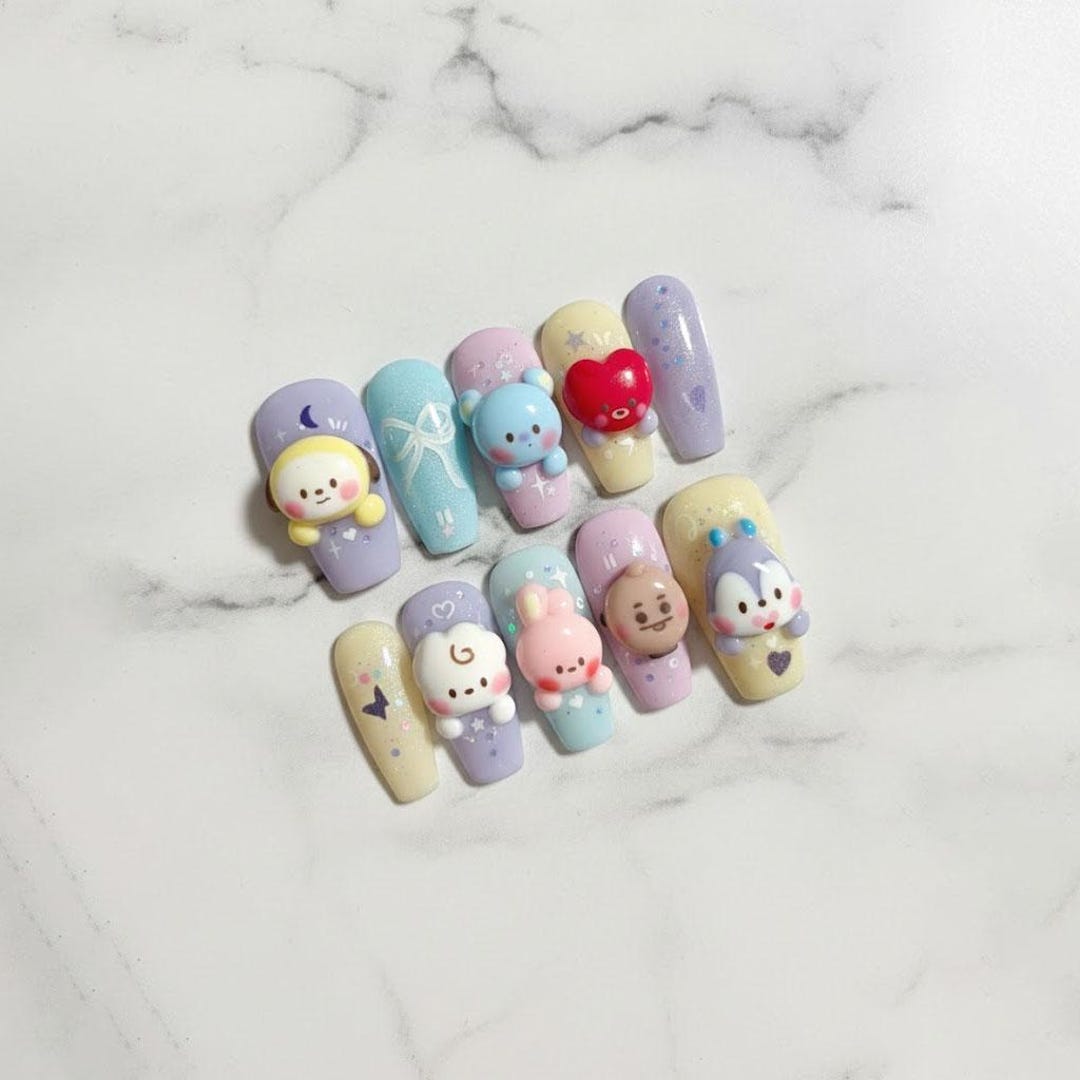 Handmade 3D BT21 Character Press on Nails Kawaii Kpop Pastel Sparkle ...