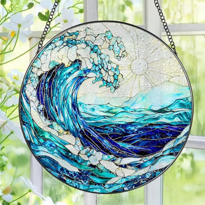 Ocean Wave Stained Glass Suncatcher, Great Wave off Kanagawa Inspired ...