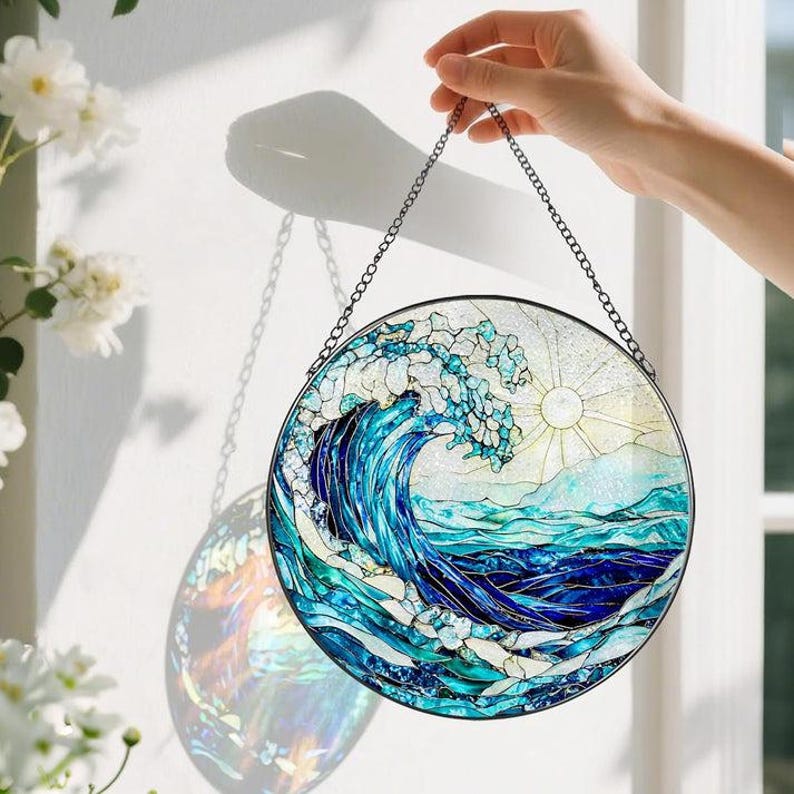 Ocean Wave Stained Glass Suncatcher, Great Wave off Kanagawa Inspired ...