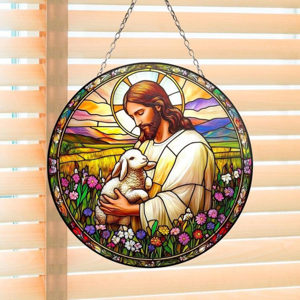 Jesus Hugging Sheep Stained Glass Suncatcher Ornament | Christian ...