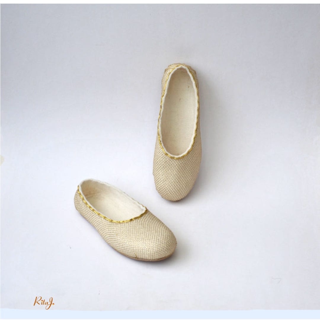 Handmade White Softest Merino Wool Felted Slippers With Gold Net ...