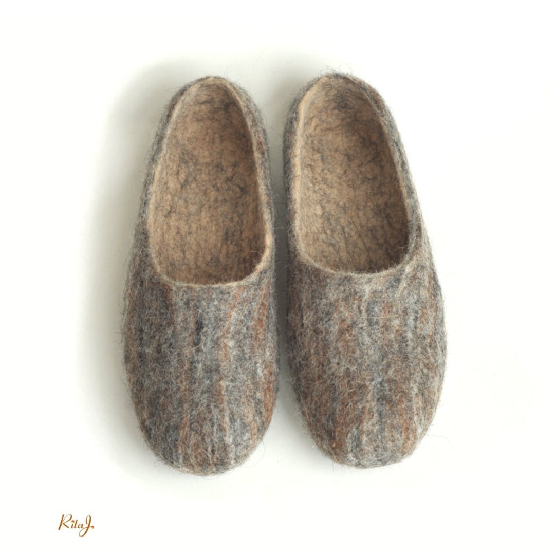 Handmade Wool Felted Slippers - Black Brown Camel Color Mix - Wild Wild ...