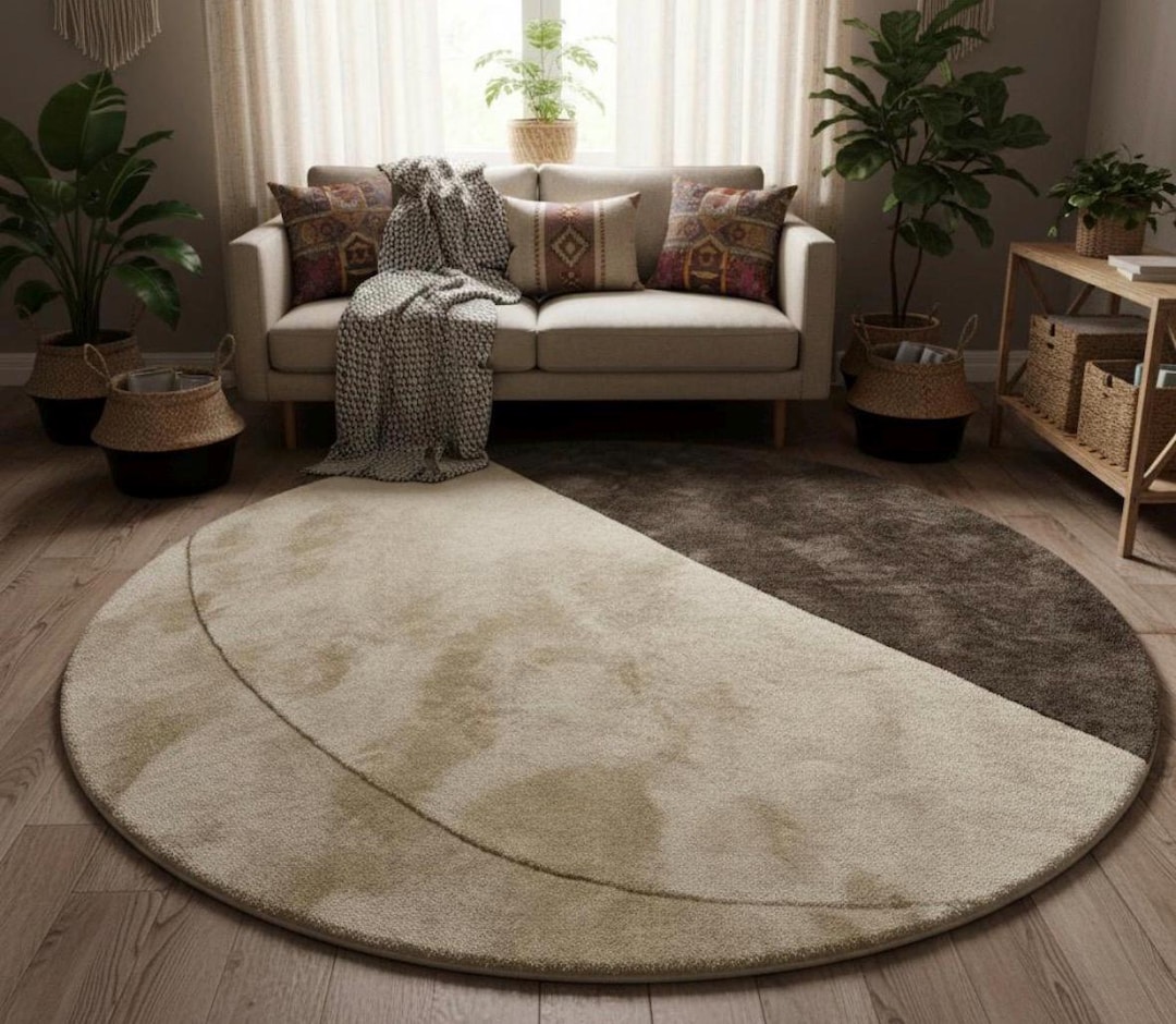 Large Round Rug Beige & Brown, Modern Color Block Circle Rug, Boho ...