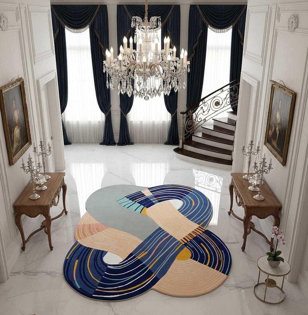 Large Abstract Infinity Rug, Modern Blue & Beige Irregular Shape Floor ...