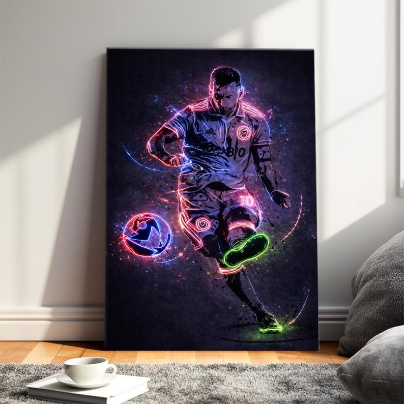Lionel Messi Inter Miami Neon Effect Framed Art Print, Soccer Superstar ...