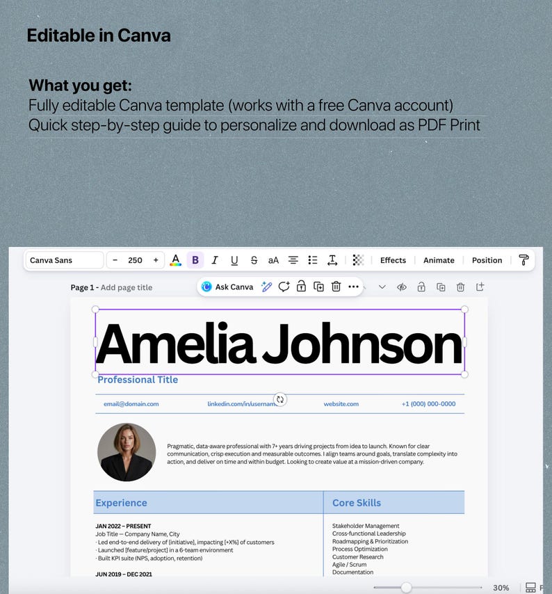 Canva Resume Template | ATS Friendly CV + Cover Letter | for Business ...