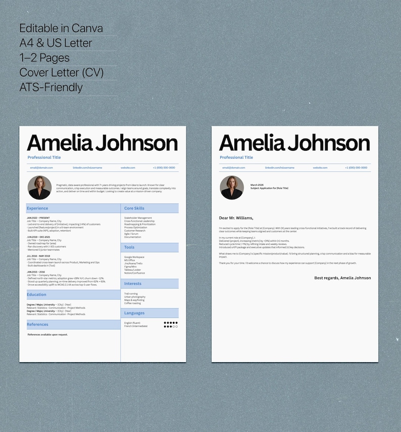 Canva Resume Template | ATS Friendly CV + Cover Letter | for Business ...