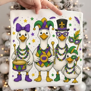 Mardi Gras Duck Family Costume Beads Mask Jester Drum Purple Green Gold ...