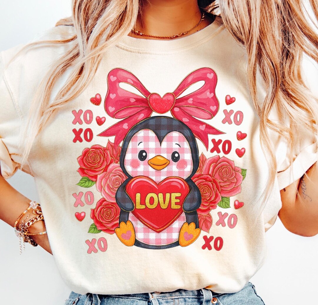 Cute Penguin Valentine Sublimation PNG, Plaid Animal Love Heart Design ...