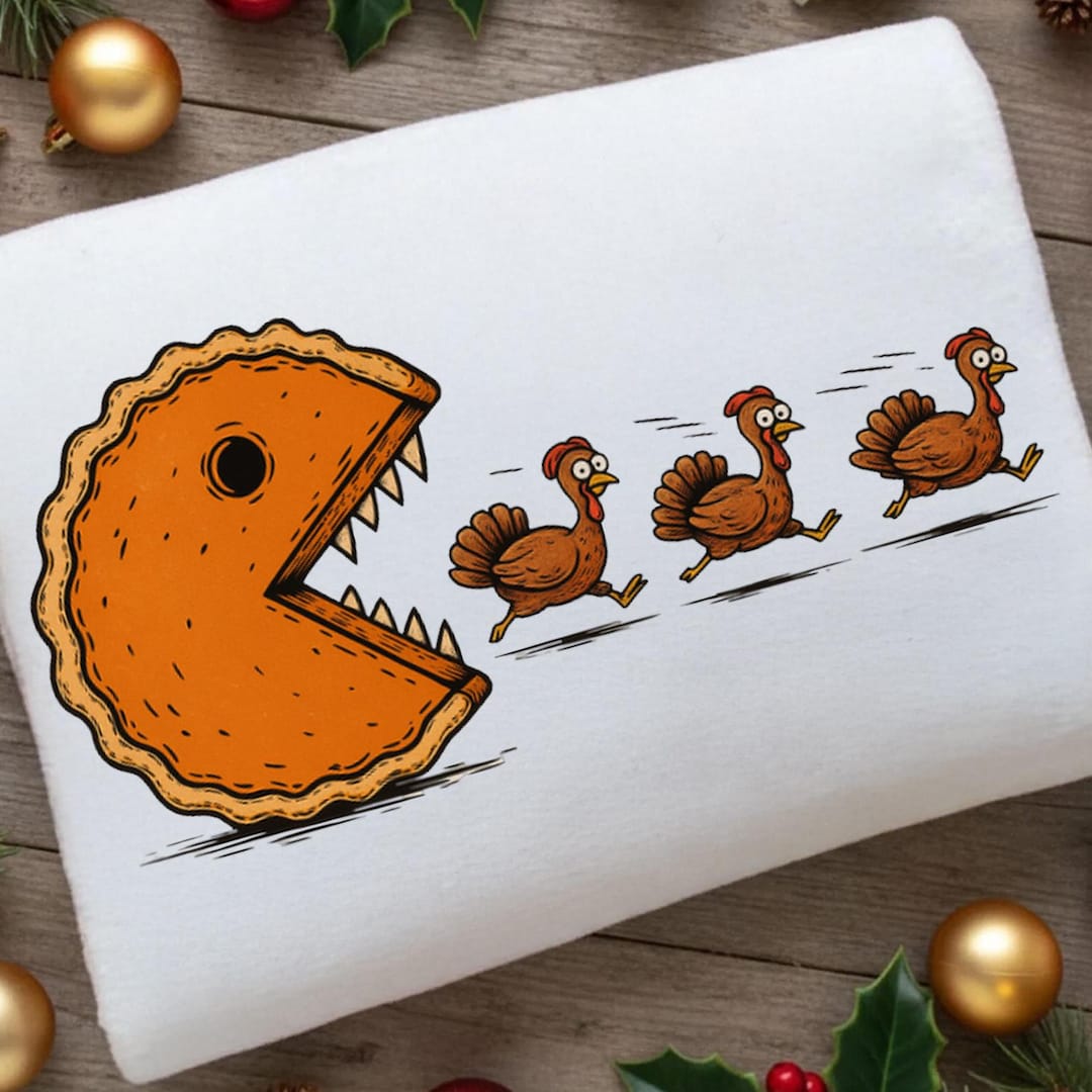 Funny Pumpkin Pie Pacman With Teeth Chasing Turkeys Thanksgiving Design ...
