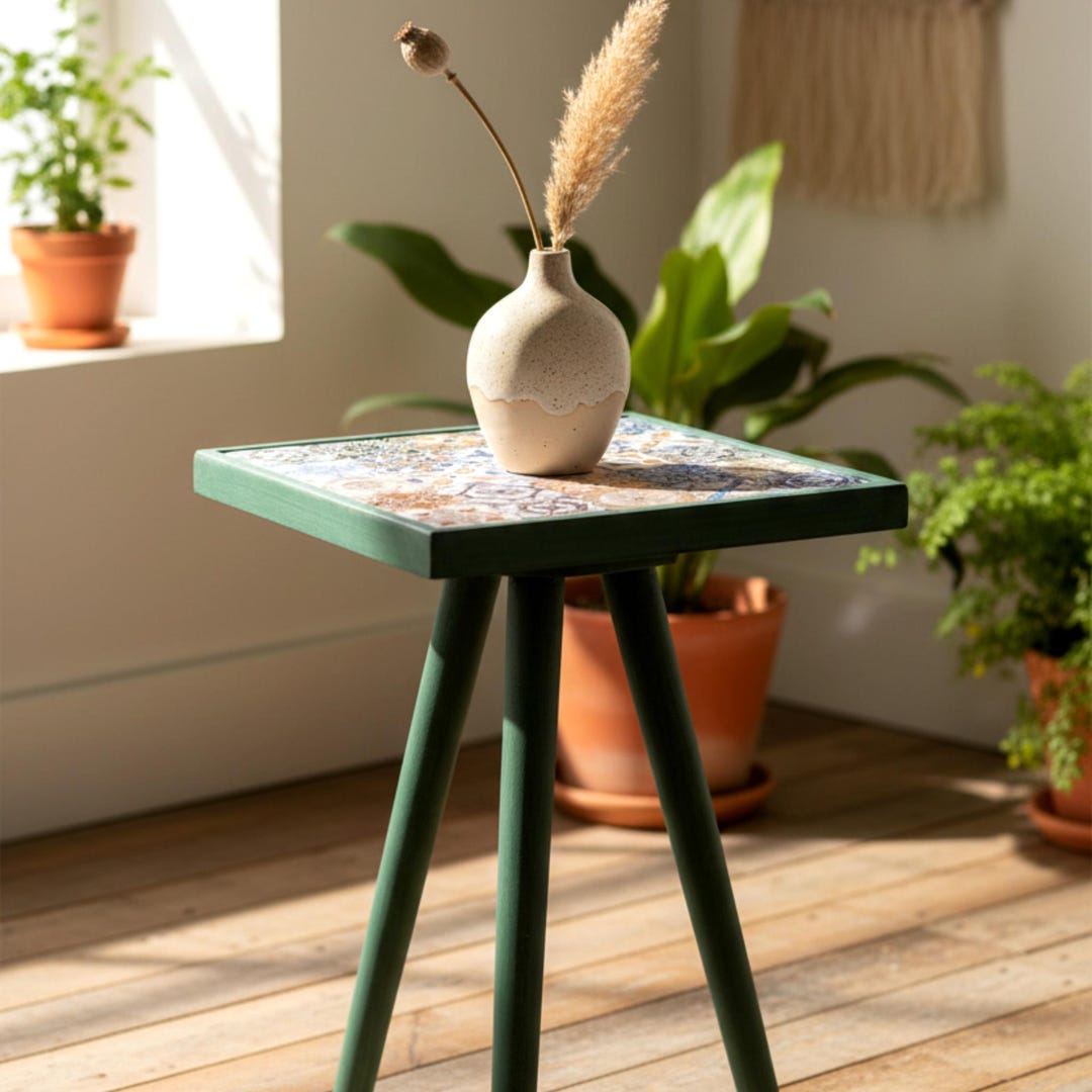 Green Solid Wood Tile Top Side Table – Handmade Mediterranean Accent - Etsy