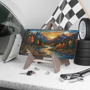 Stained Glass Mountain License Plate, Colorful Forest Sunrise Vanity ...