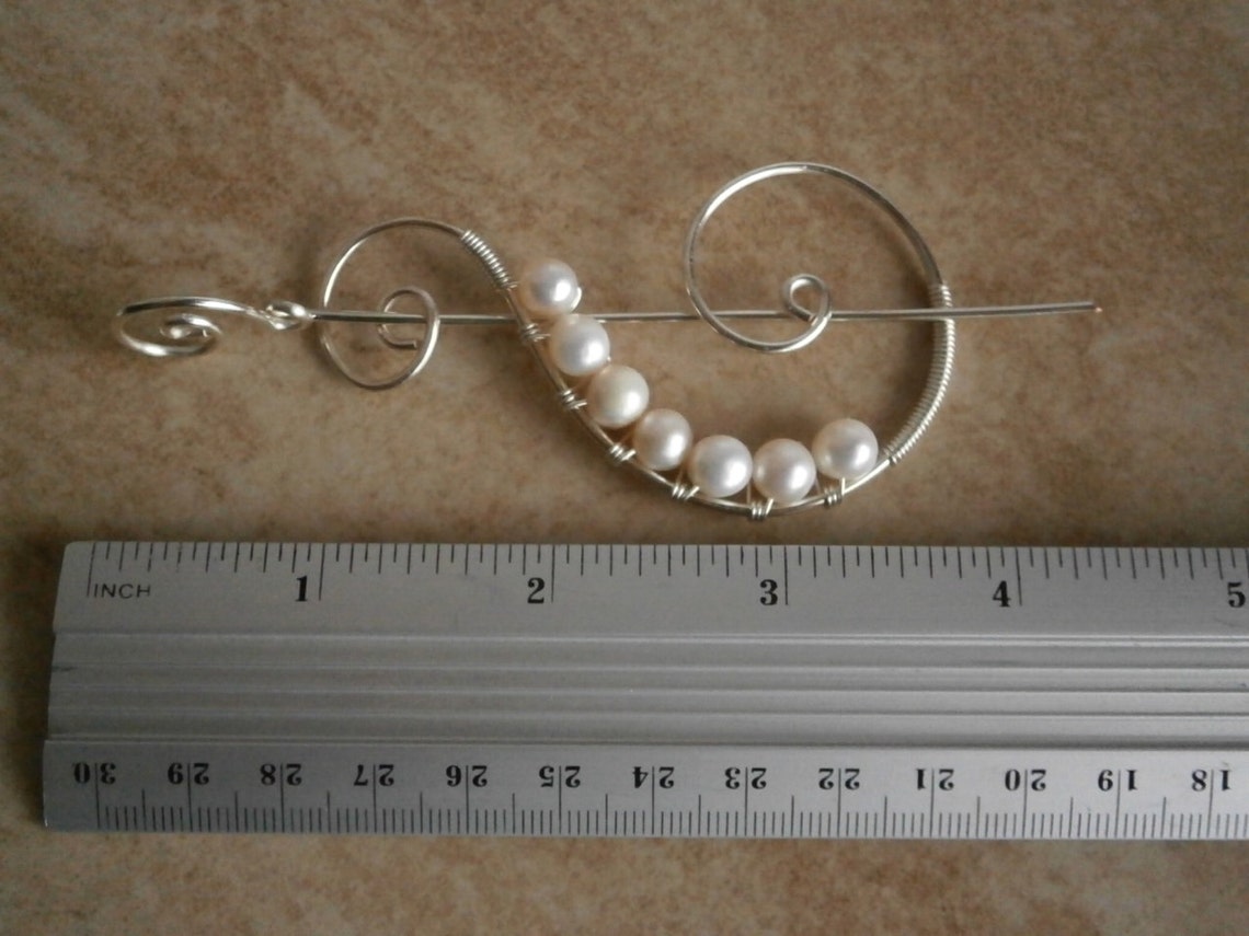 Shawl Pin, Pearl Brooch Pin Wire Wrapped , Scarf Pin, Handmade Silver ...