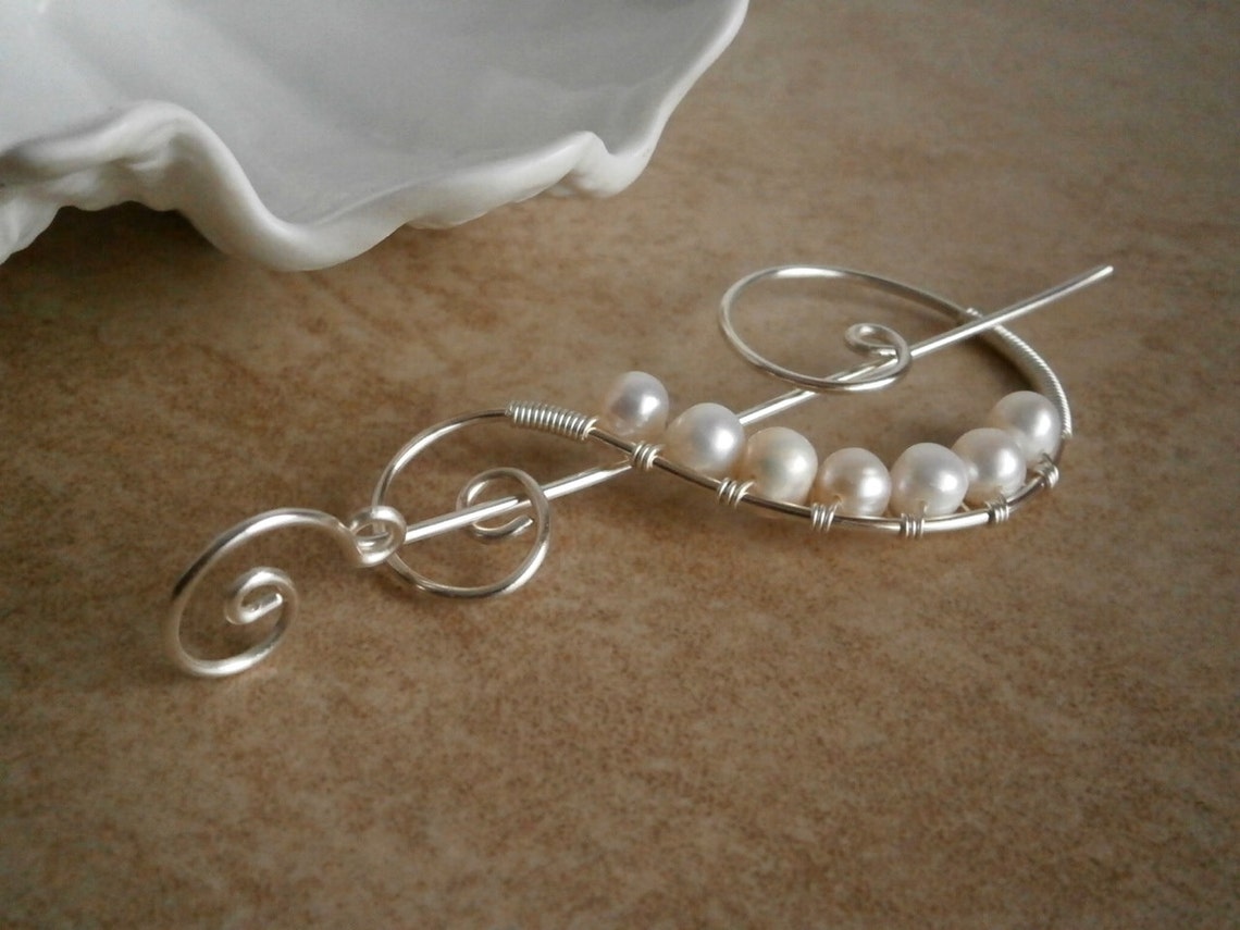 Shawl Pin, Pearl Brooch Pin Wire Wrapped , Scarf Pin, Handmade Silver ...