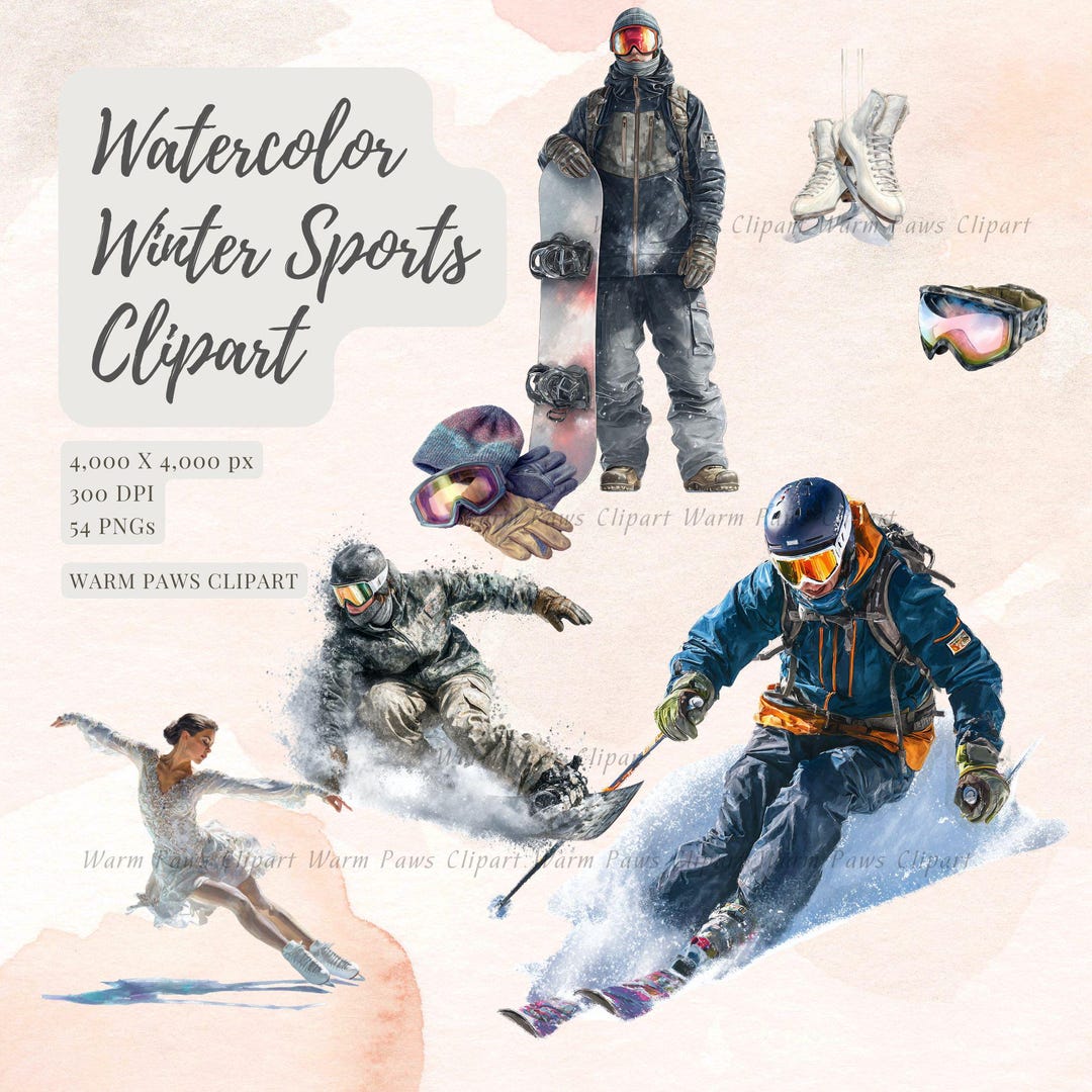 Watercolor Winter Sports Clipart | Skiing, Snowboarding PNG Set - Etsy