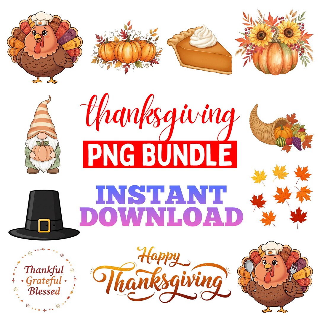 Thanksgiving Clipart PNG Bundle | Fall Turkey, Pumpkin Harvest (digital ...