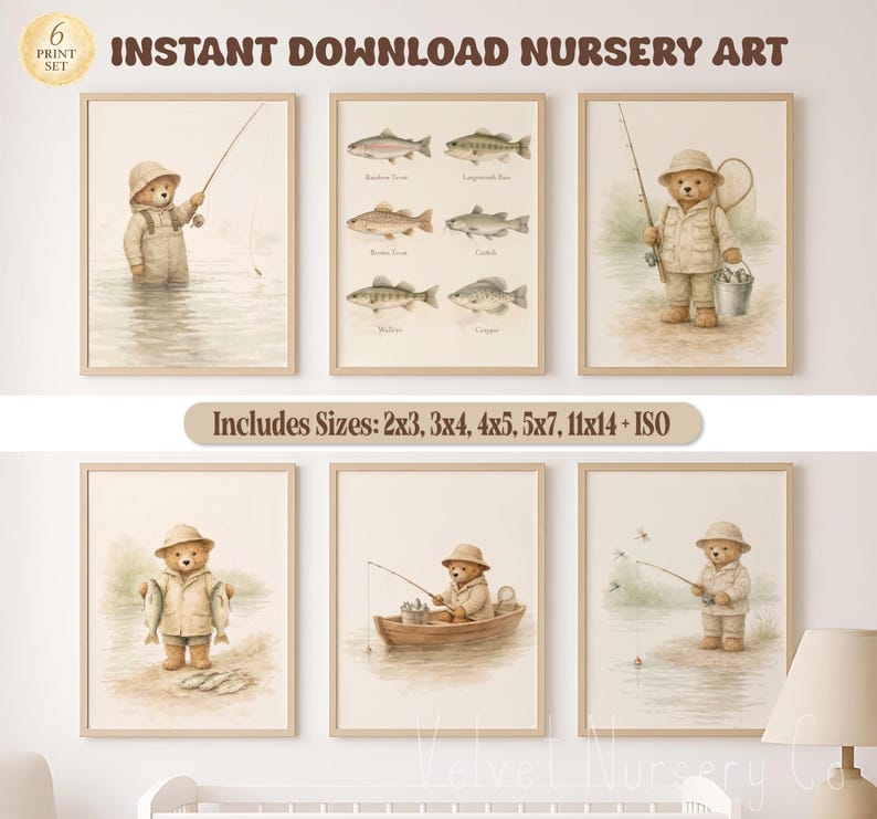 Teddy Bear Fishing Nursery Décor Charming Bear Fisherman Kids Room ...