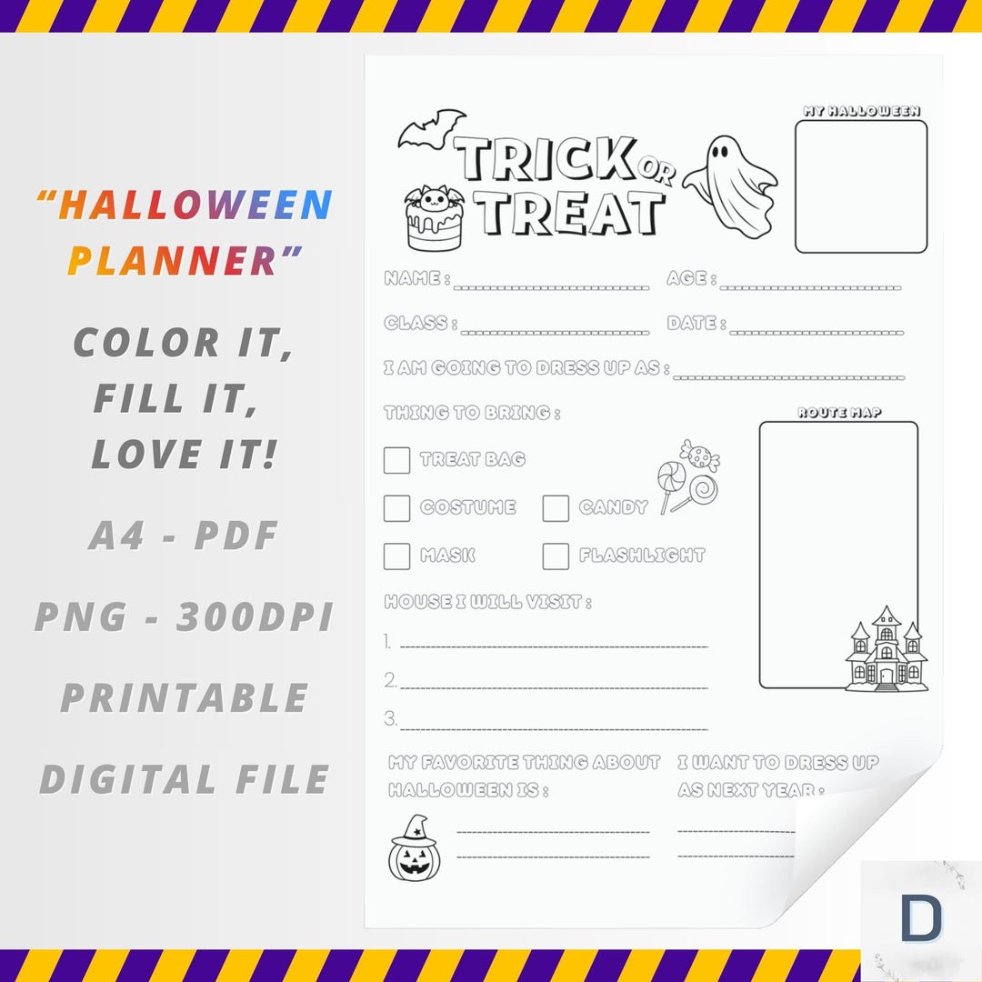 Halloween Trick or Treat Planner | Kids Activity Coloring Page (A4 PDF ...