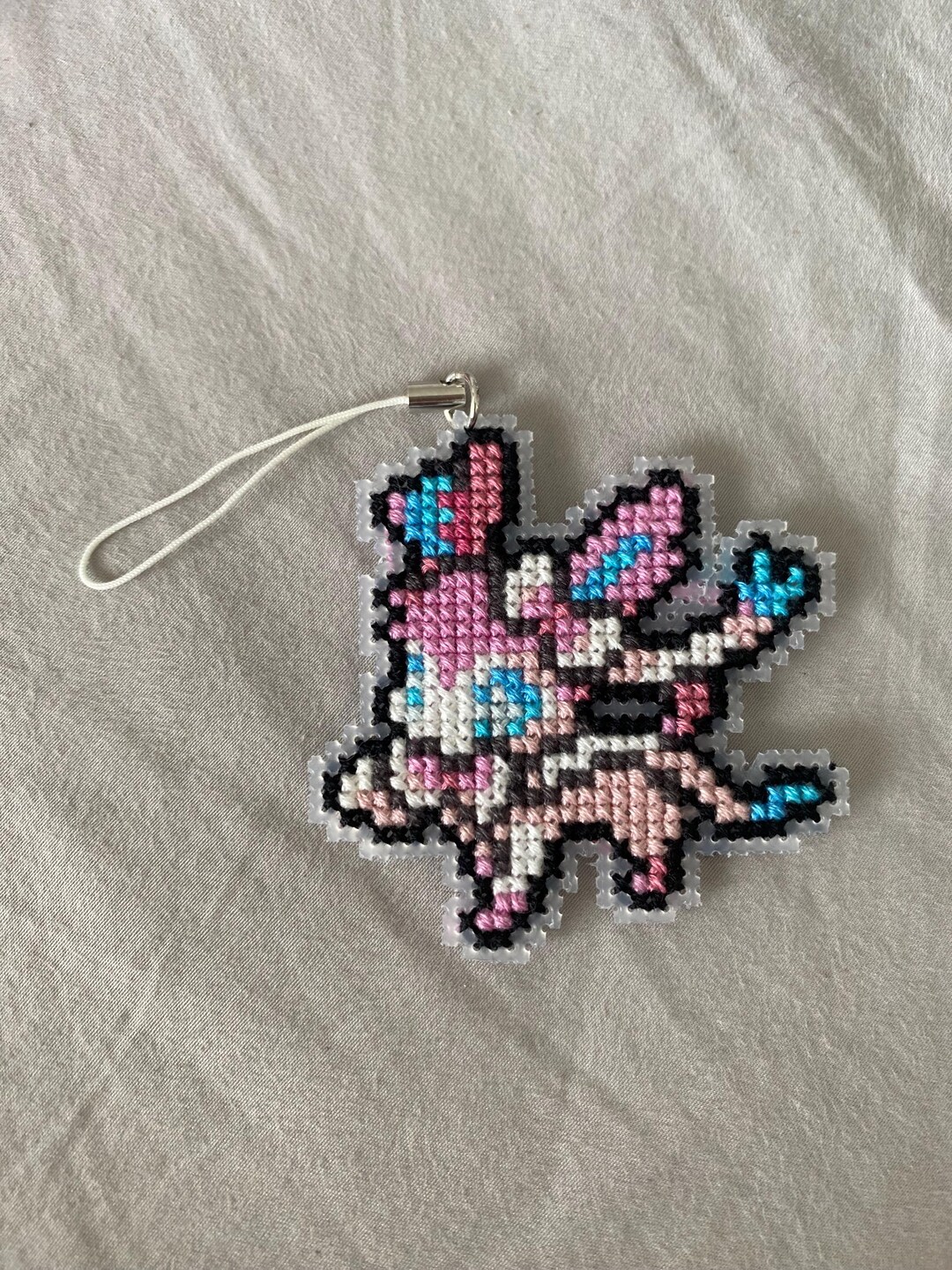 Sylveon Pokémon Handmade Cross Stitch Keychain/pin | Made to Order - Etsy